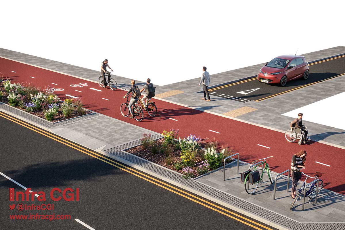 Continuous Pavement & Bidirectional Cycle Track – Infra CGI